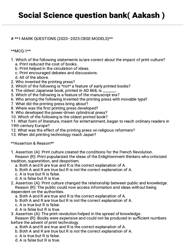 Social Science Question Bank (Aakash) | PDF | Printing Press | Knowledge