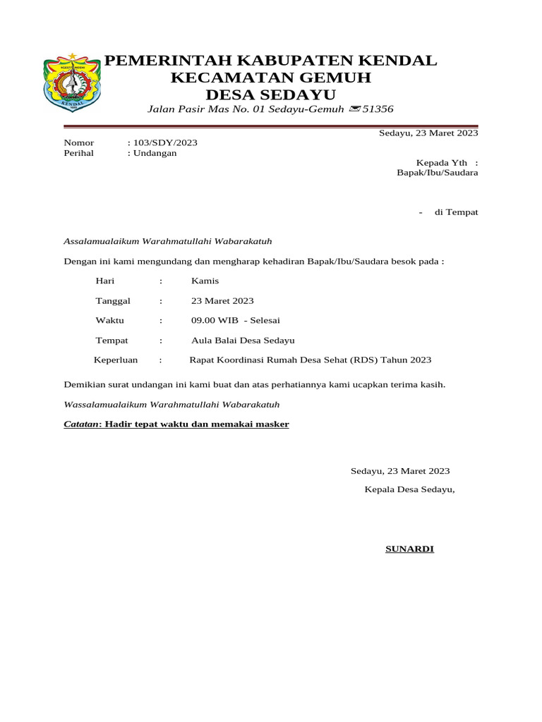 Undangan Rapat Koordinasi RDS 2023 | PDF