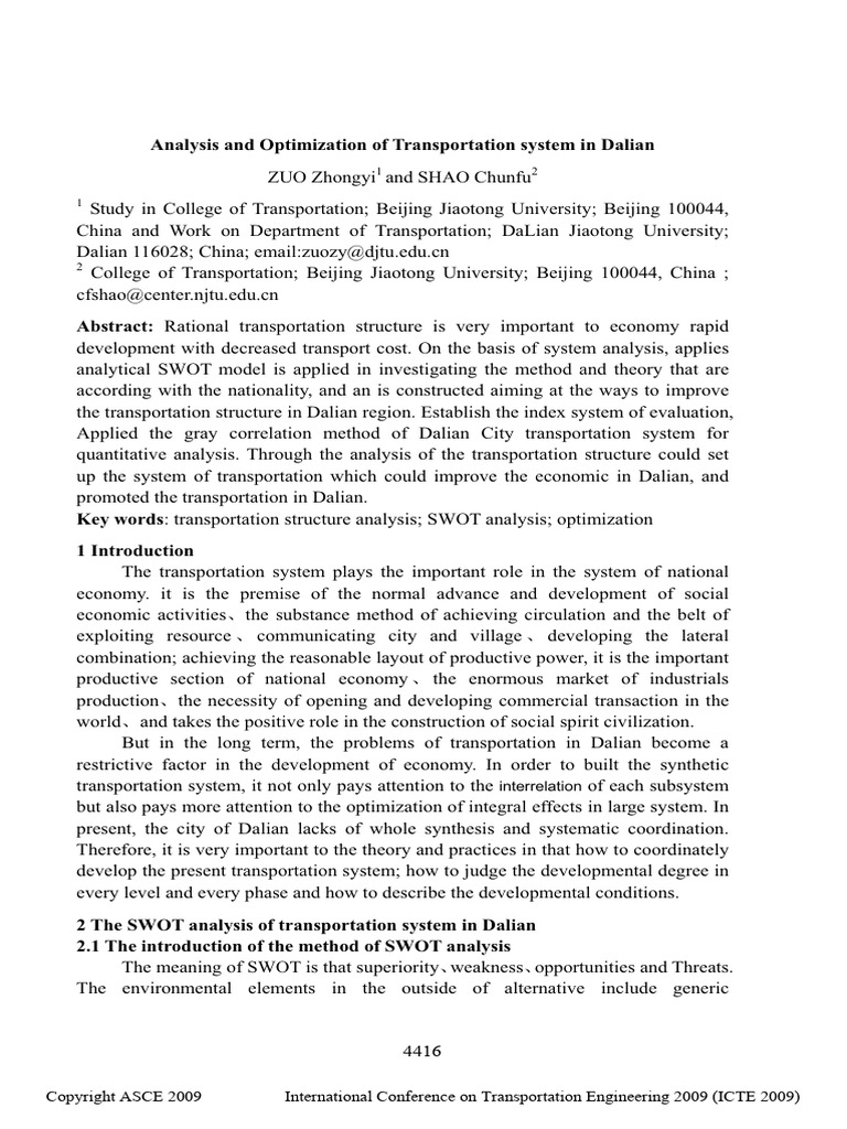 Analysis and Optimization of Transportation System in Dalian ZUO ...