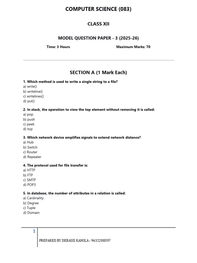 Computer Science 12 Cbse Model 3 | PDF | Sql | Databases