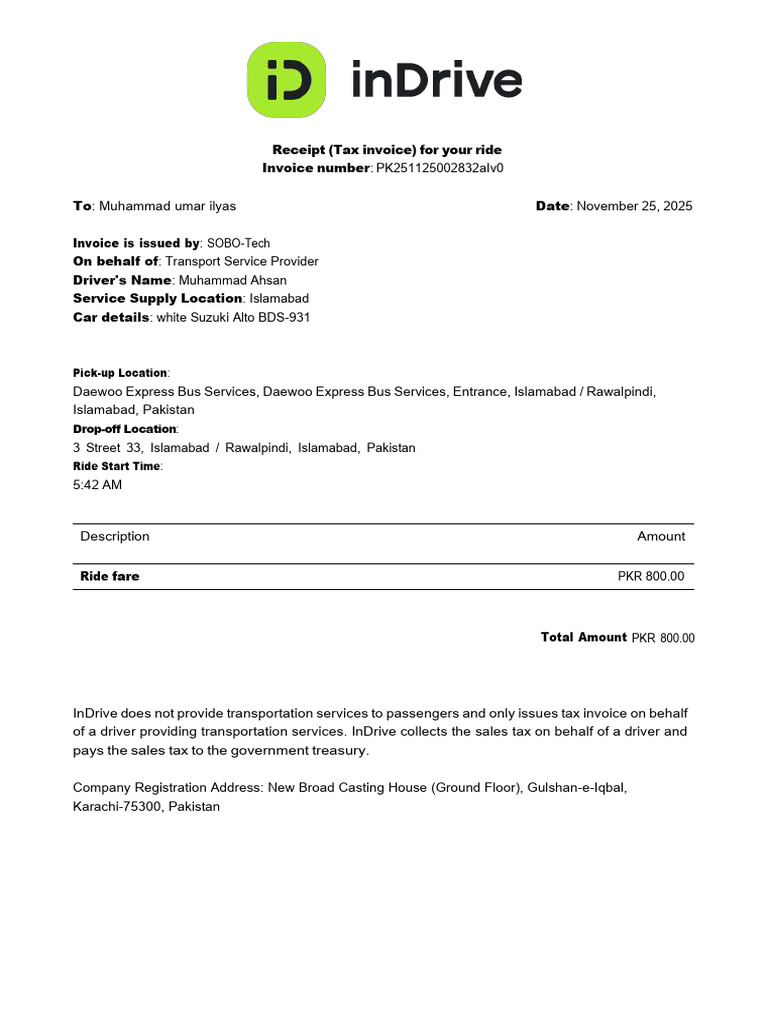 Tax Invoice for Ride - Islamabad 2025 | PDF