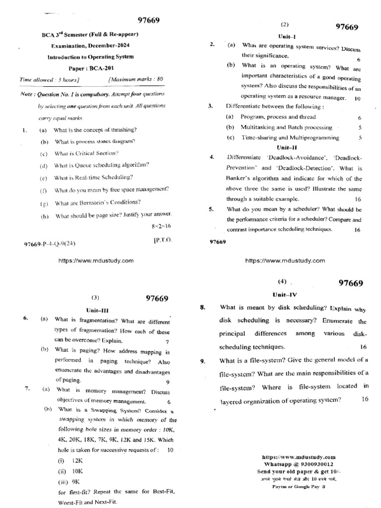 Bca 3 Sem Introduction to Operating System 97669 Dec 2024 | PDF