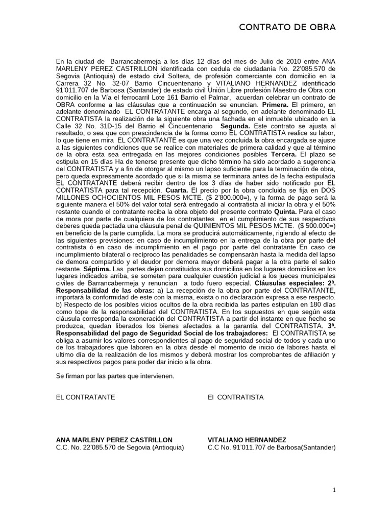 Contrato de Obra en Barrancabermeja | PDF