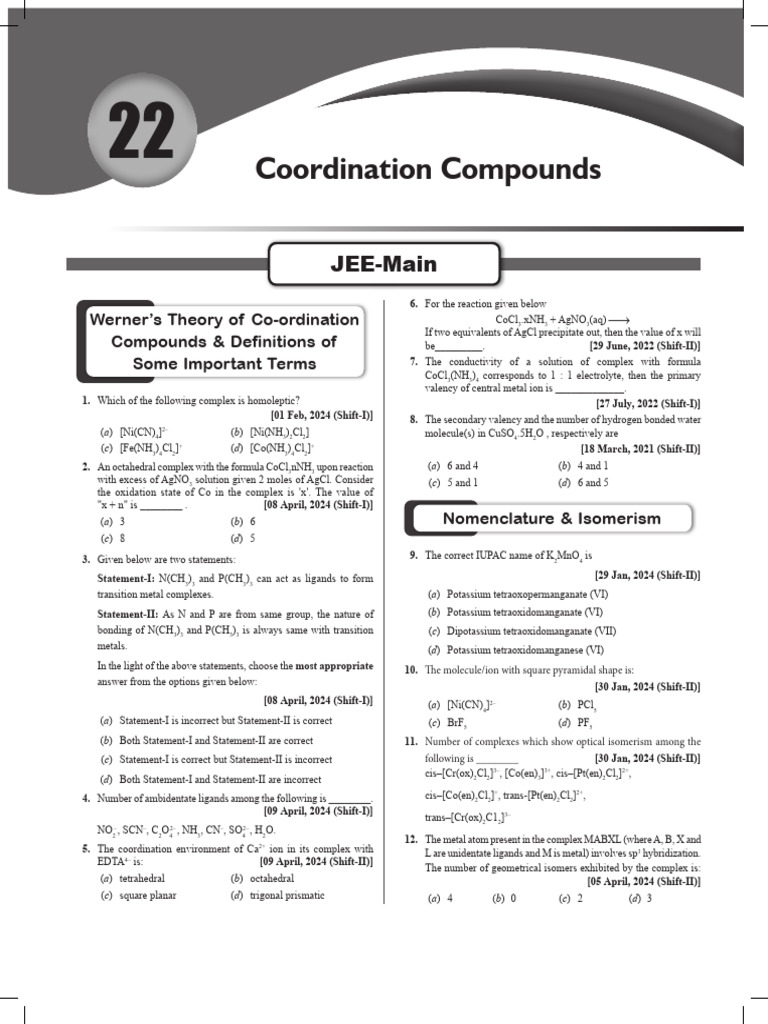 PYQs (JEE Main & Advance) Coordination Chemistry | PDF | Coordination Complex | Organic Chemistry