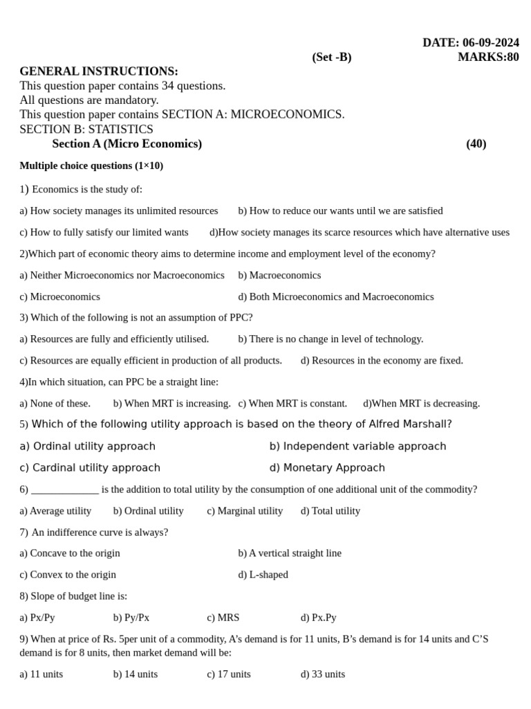Class 11 Economics Half Yearly-2-3 | PDF | Utility | Sampling (Statistics)