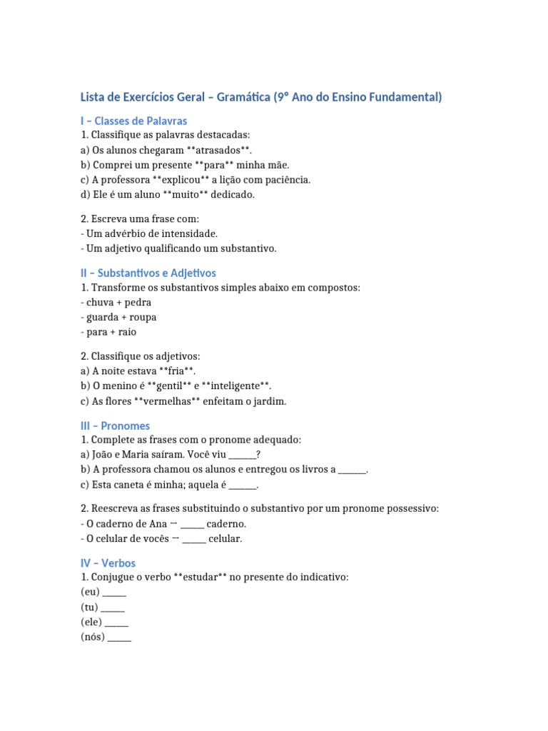 Exercícios de Gramática para 9º Ano | PDF | Pronome | Gramática