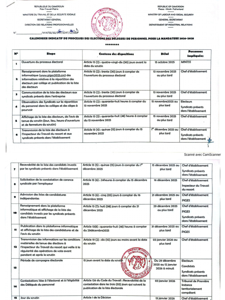 Calendrier Indicatif Du Processus Des Elections Sociales 2026-2028 | PDF