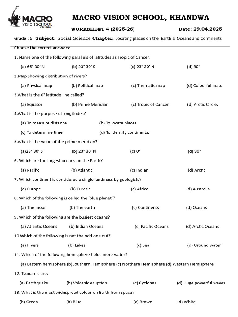 So Science Worksheet 4 29 April 2025 | PDF | Earth | Physical Geography