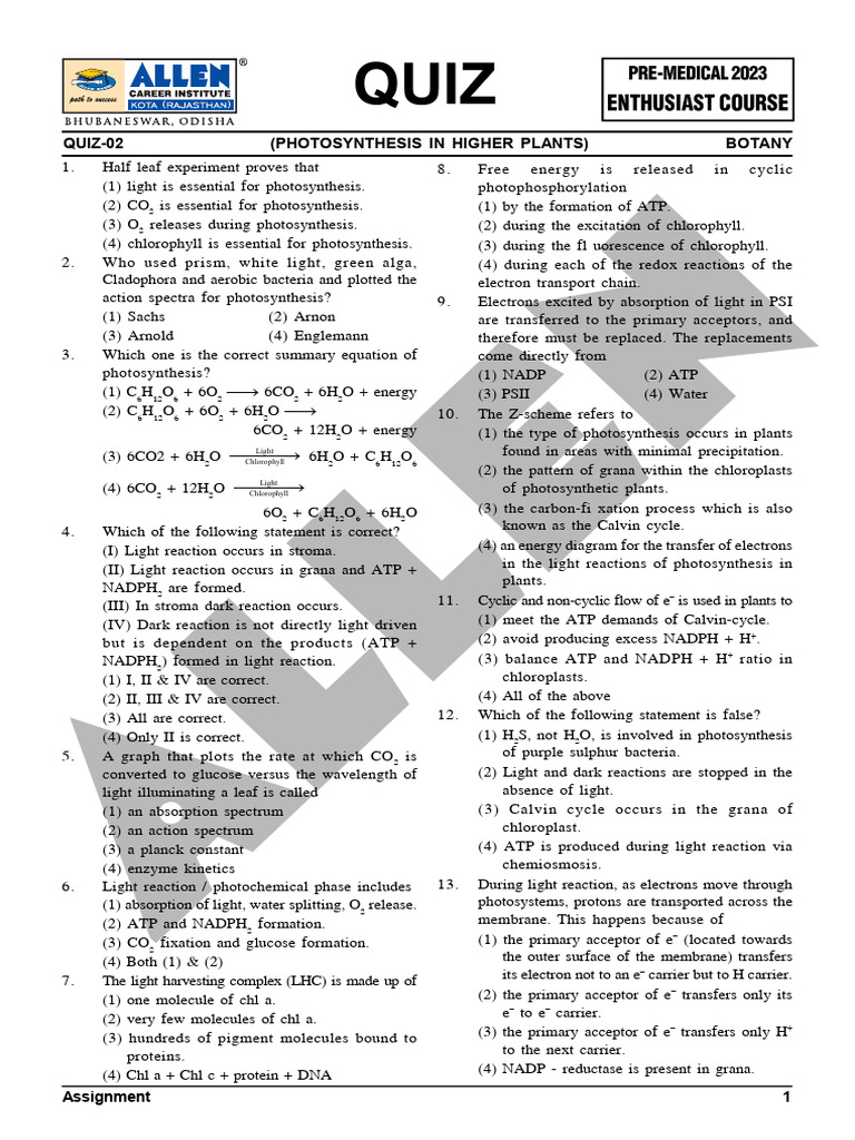 Photosynthesis Quiz for Botany Students | PDF | Photosynthesis ...