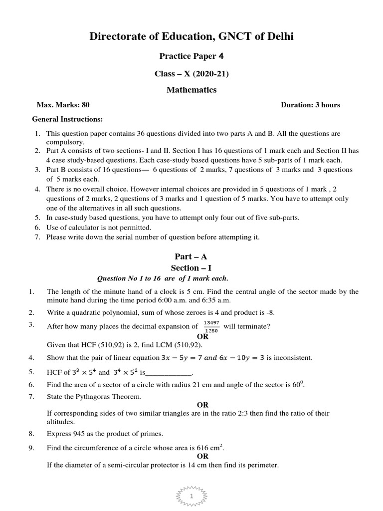 Practice Paper 4 Class X Maths em | PDF | Circle | Area