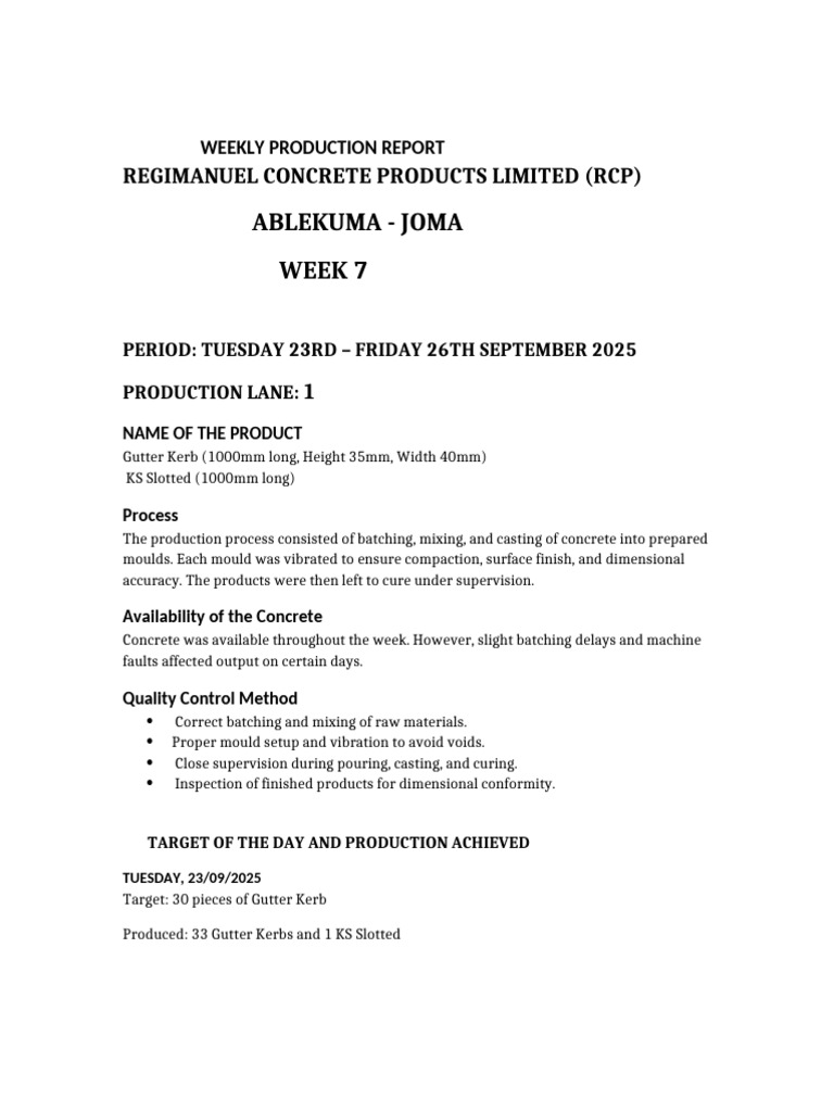Weekly Production Report Wk7 - Enock | PDF | Concrete | Road