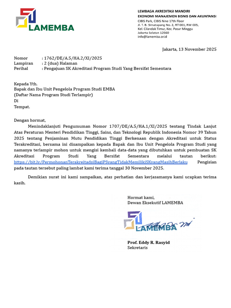 1762 Surat Pemberitahuan Kepada UPPS SK Akreditasi Yang Bersifat Sementara | PDF