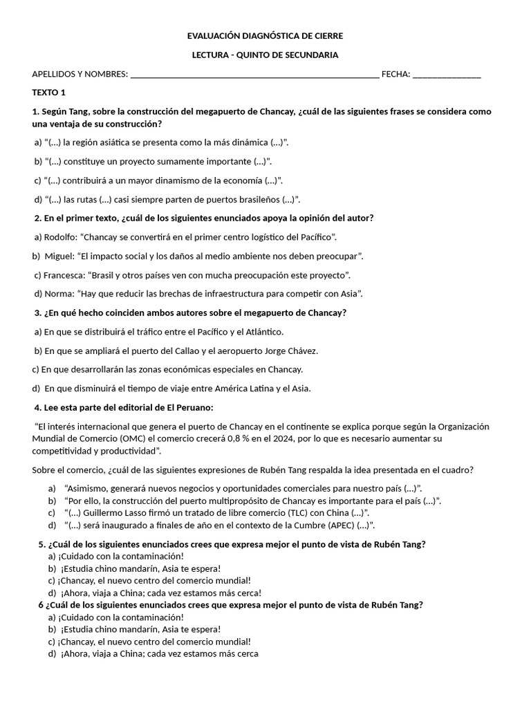 Evaluación Diagnóstica de Lectura 5to Sec. | PDF | Educación financiera ...