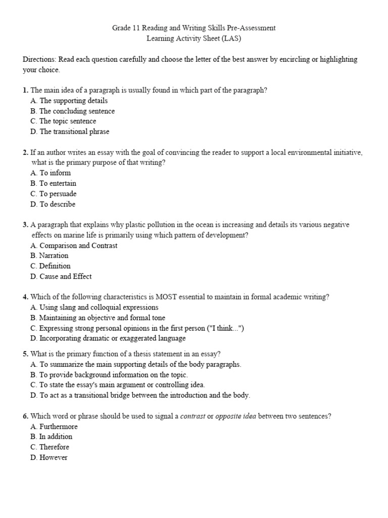 Reading and Writing Skills Pre Assessment 01 | PDF | Essays | Learning