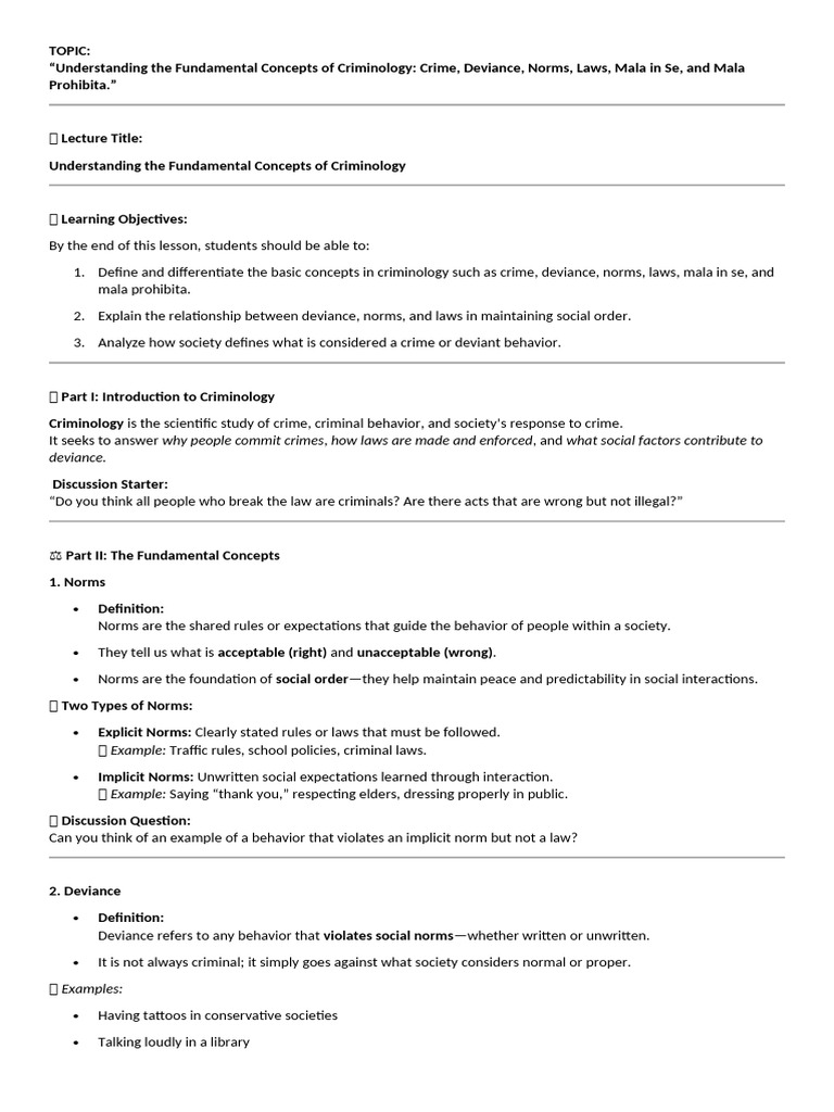 Lecture On Concept of Crime Deviance Norms and Laws | PDF | Deviance (Sociology) | Crimes