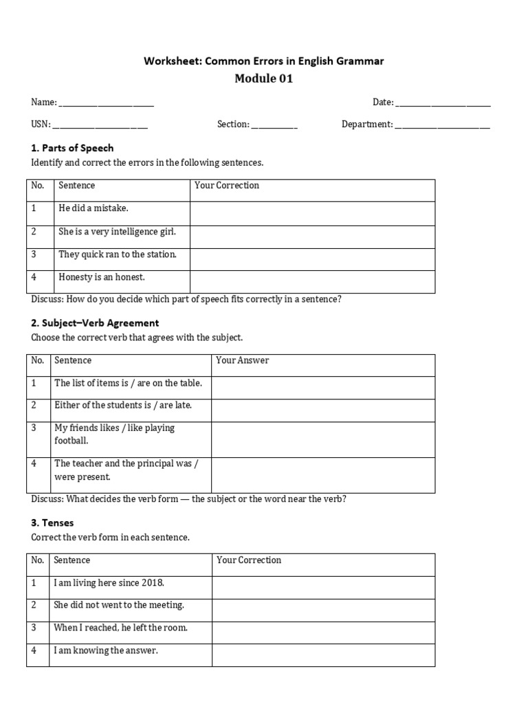 Common Errors Worksheet | PDF | Subject (Grammar) | Verb