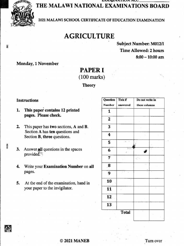 Agriculture Paper 1 2021 | PDF