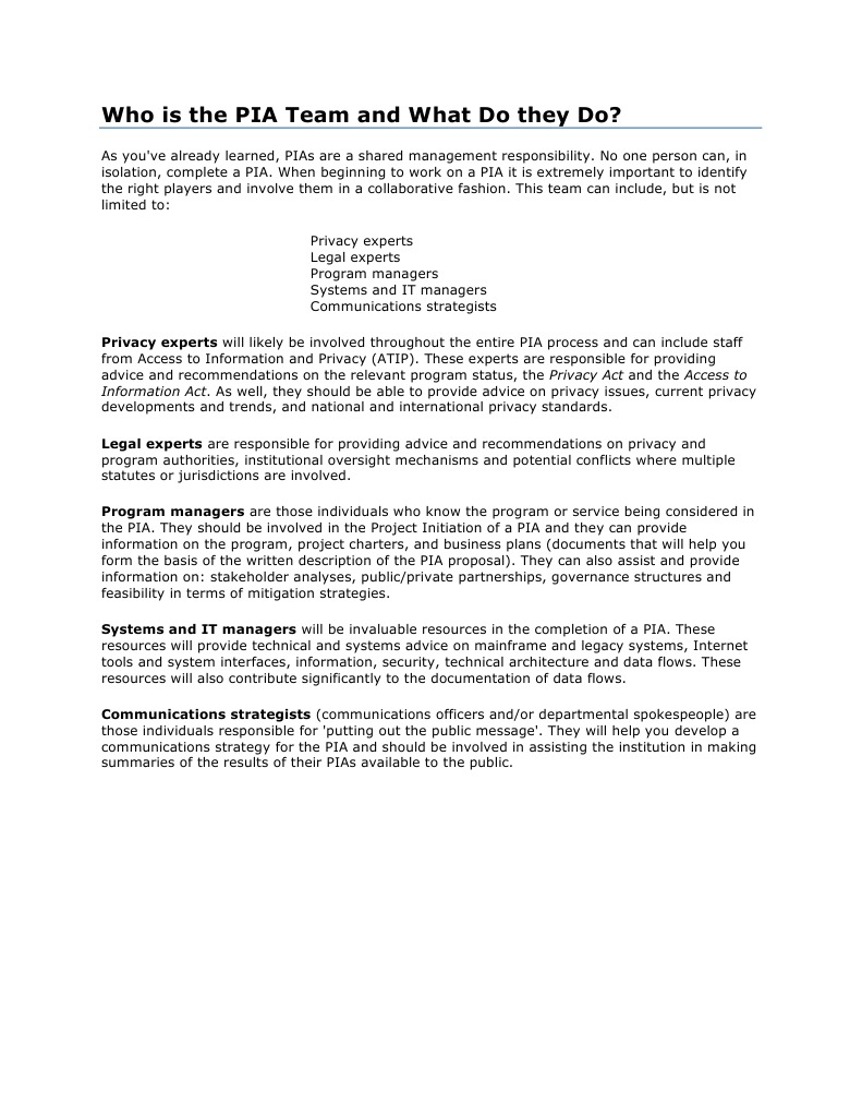 Understanding the PIA Team Roles | PDF | Career & Growth | Business
