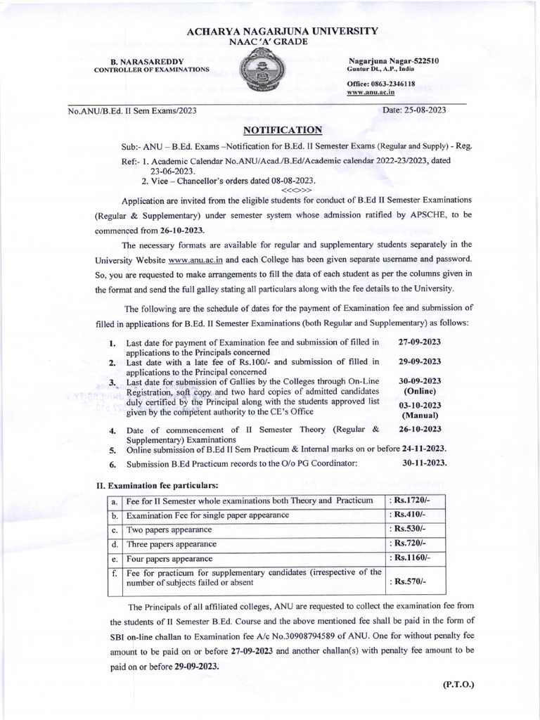 B.ed 2nd Semester Regular Examination Fee Notification October, 2023 ...