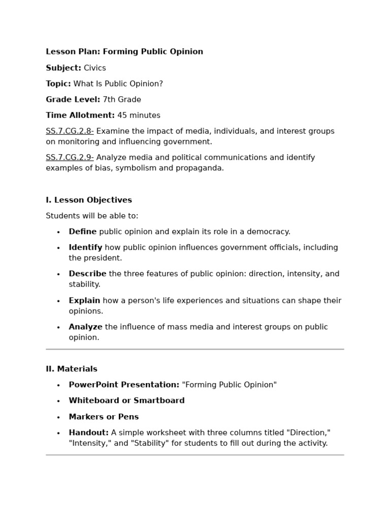 Unit 2 Duties and Responsibilities Lesson Plan | PDF | Public Opinion ...