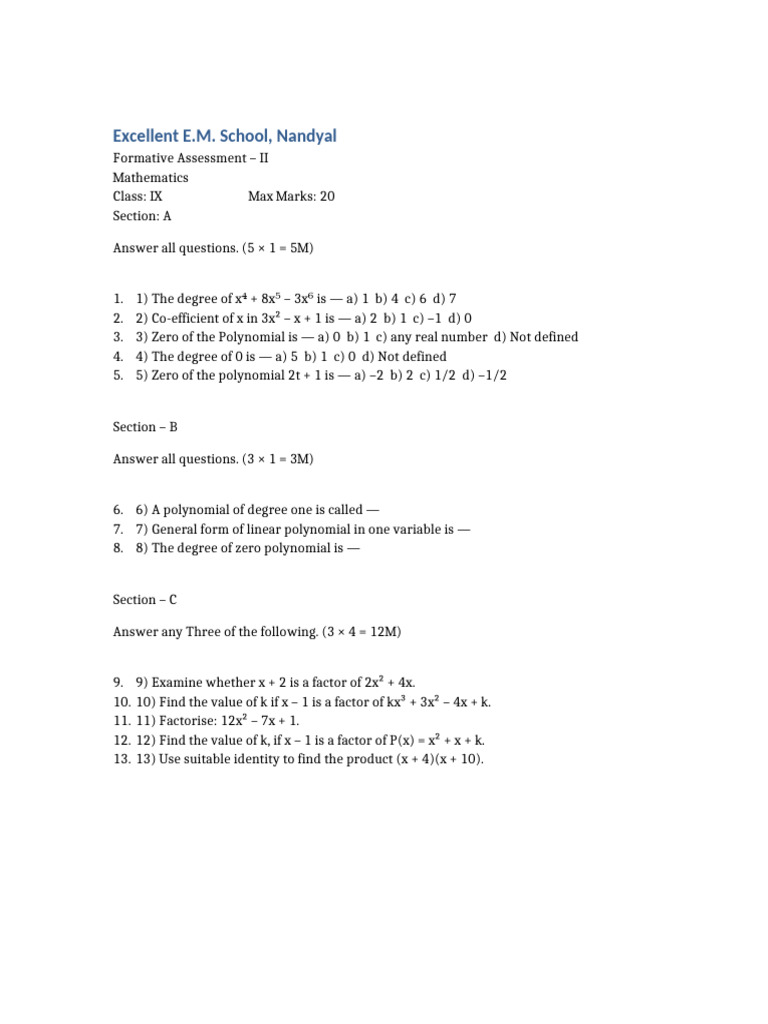 Class IX Mathematics Formative Assessment II | PDF