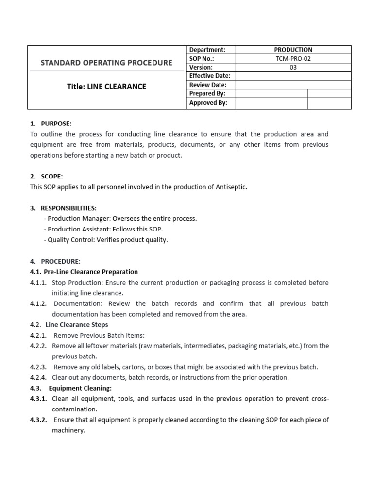 Line Clearance SOP for Production | PDF | Internal Audit | Audit