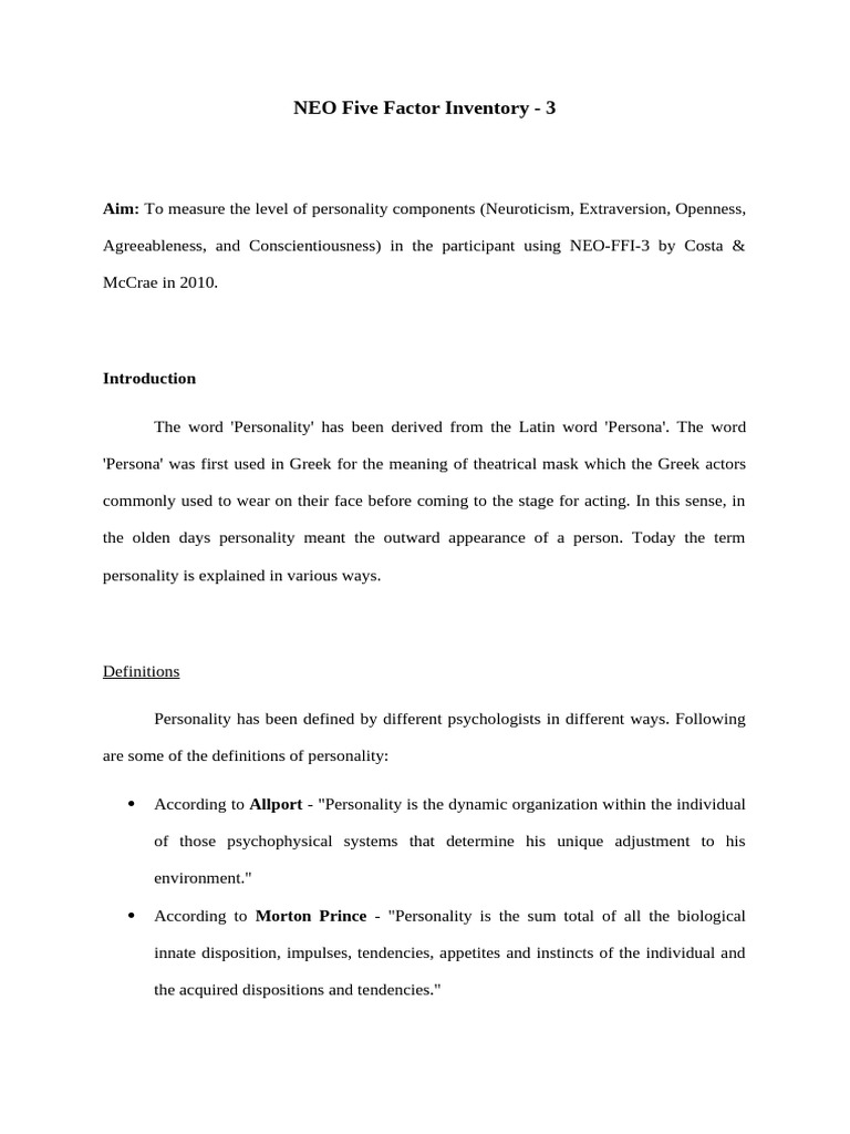 NEO FFI 3 Five Factor Inventory practical | PDF | Extraversion And ...