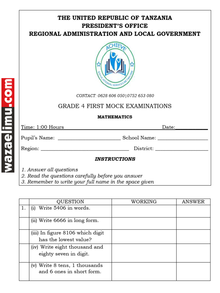 Grade 4 Mock Math Exam Tanzania | PDF | Mathematics