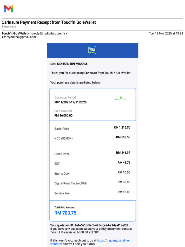 Gmail - CarInsure Payment Receipt From Touch'n Go EWallet | PDF