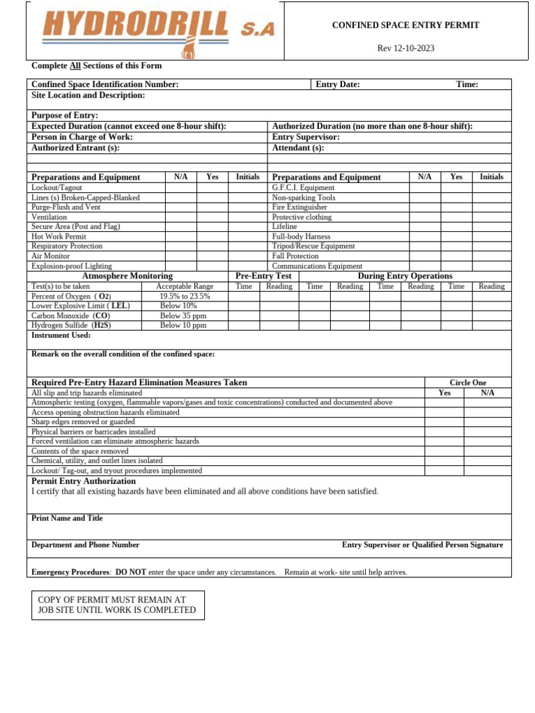Confined Space Entry Permit Pdf Occupational Safety And Health