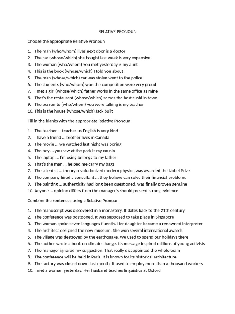 Mastering Relative Pronouns Exercises | PDF