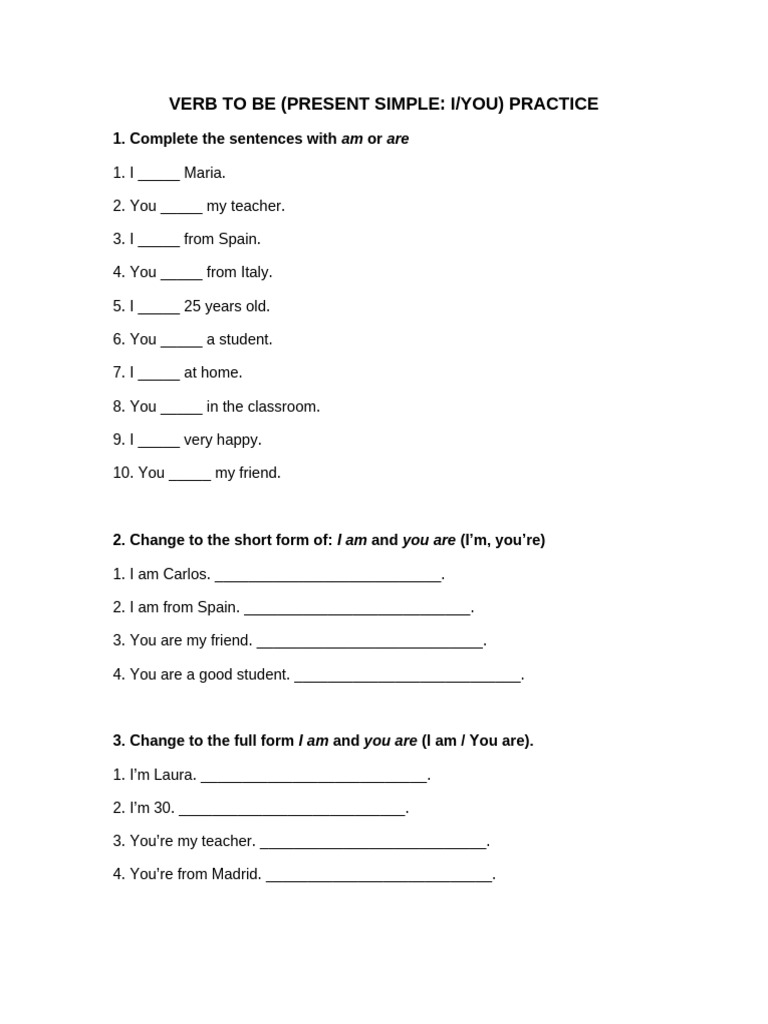 Present Simple "To Be" Practice Exercises | PDF