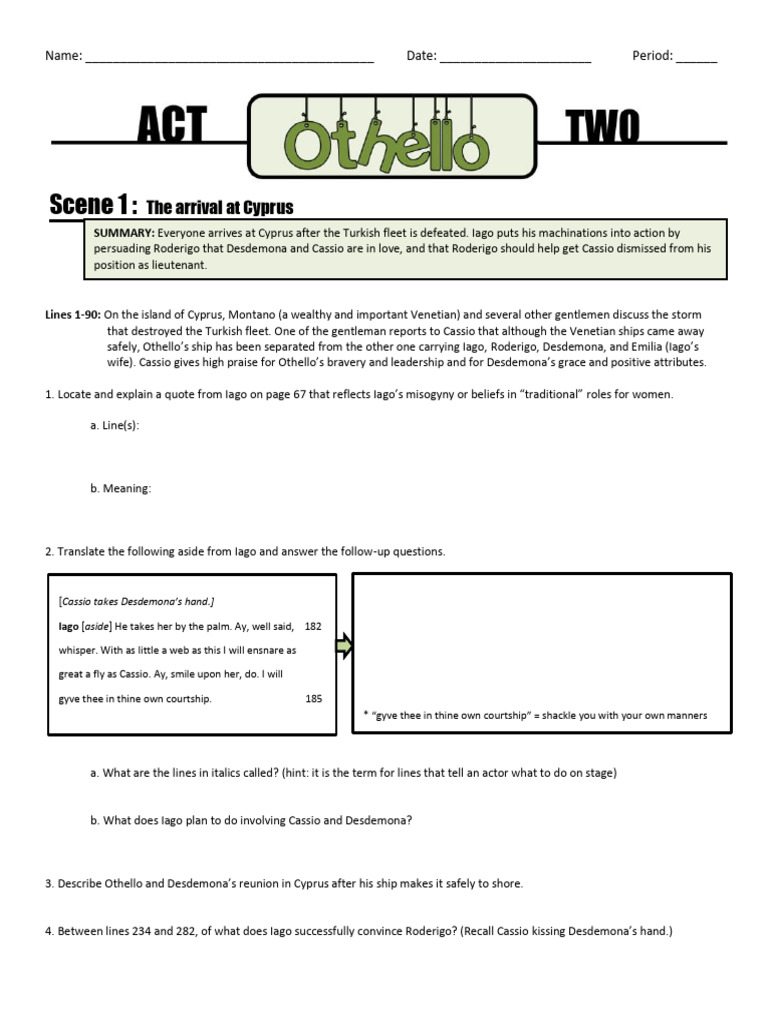 Othello Act 2 Guided Reading Packet | PDF | Iago | Othello