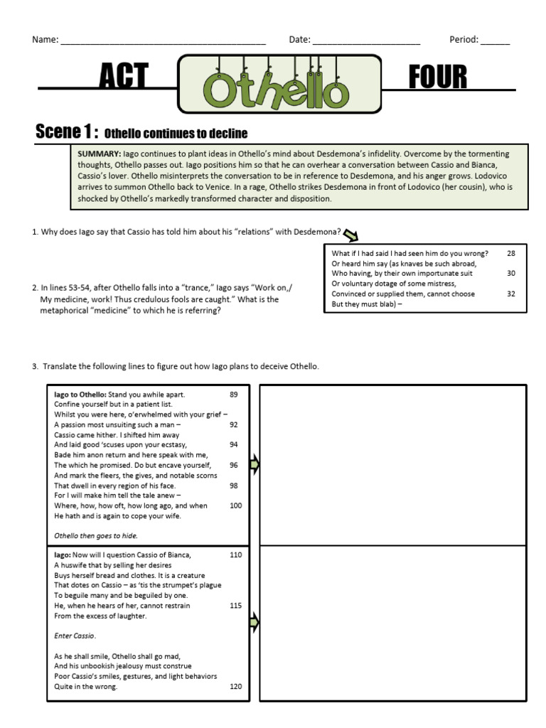 Othello Act 4 Guided Reading Packet | PDF | Othello | Iago