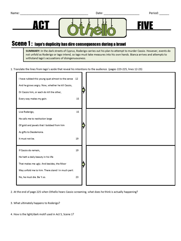Othello Act 5 Guided Reading Packet | PDF | Othello | Iago