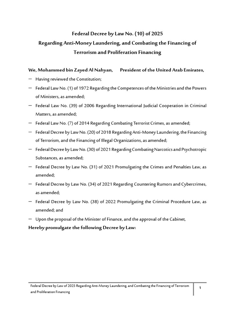 UAE Anti-Money Laundering Law 2025 | PDF | Terrorism Financing | Money ...