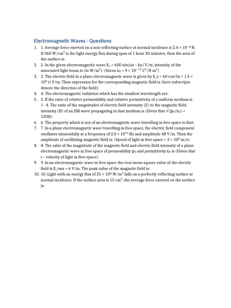 Electromagnetic Waves Questions | PDF
