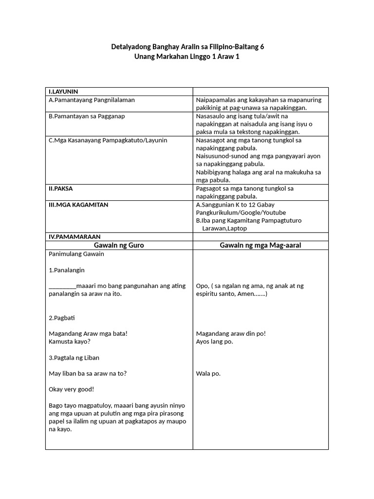 Detalyadong Banghay Aralin Sa Filipino (1) | PDF