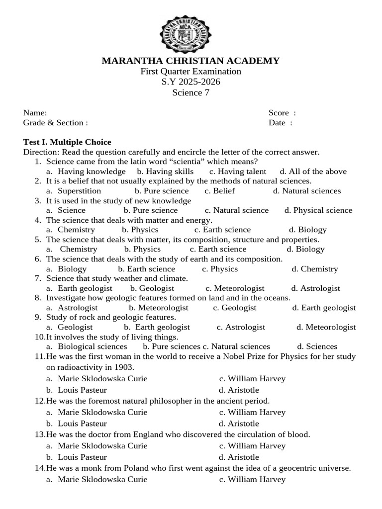 Science 7 First Quarter Exam Guide | PDF | Science | Natural Sciences