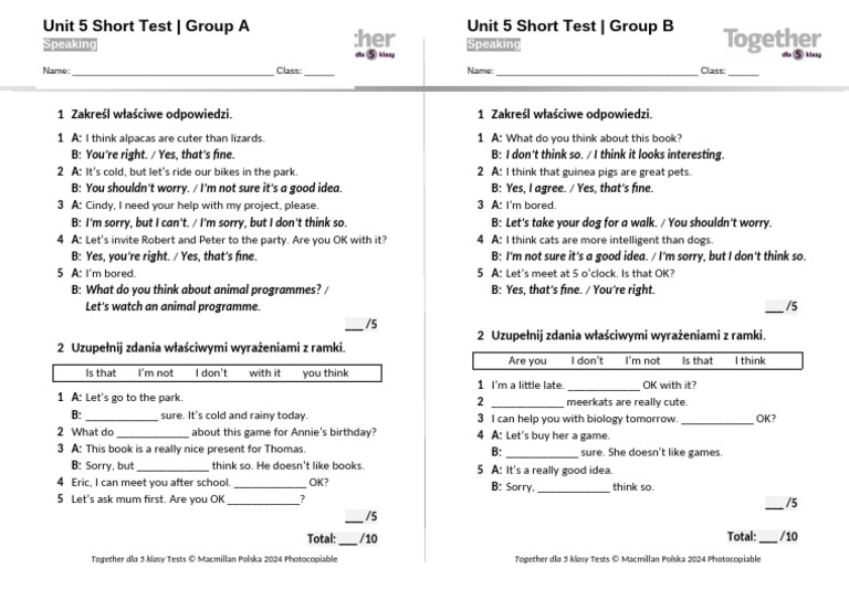 Unit 5 Speaking Test for Grade 5 | PDF | Domesticated Animals | Human ...