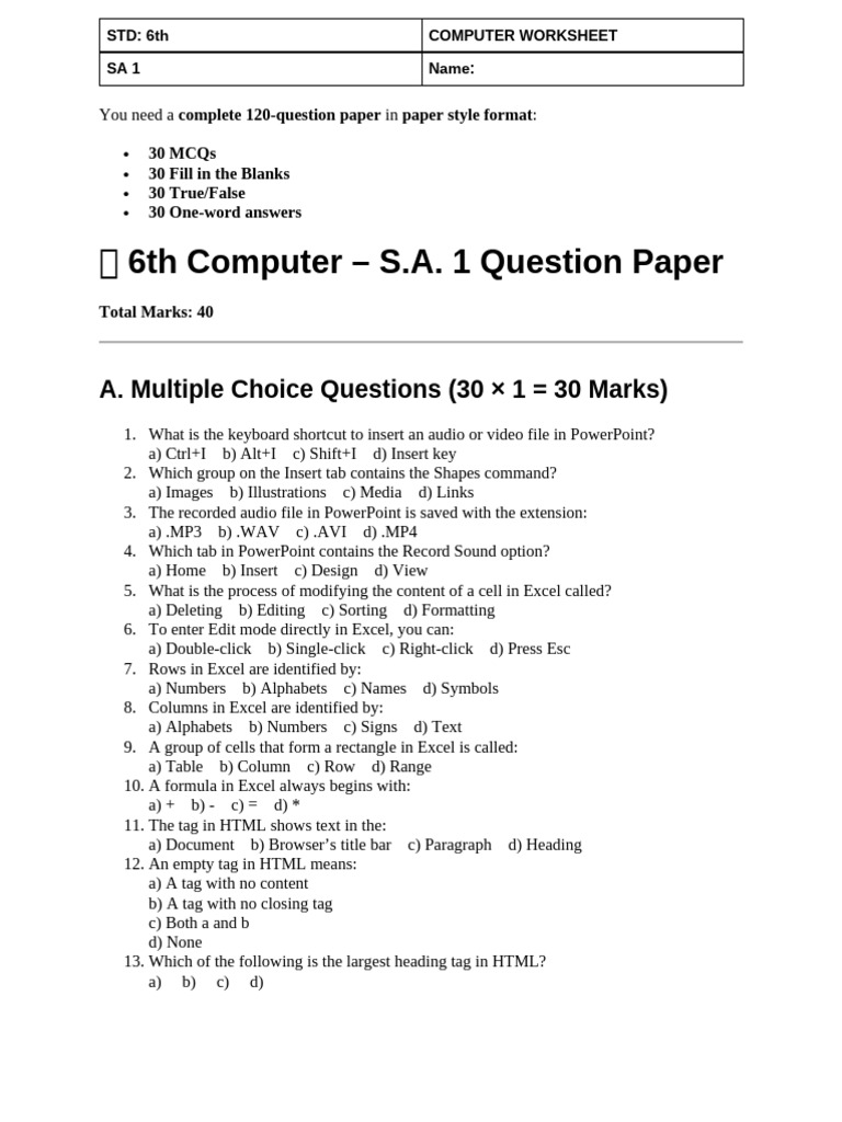 6th Computer Worksheet SA1 updated | PDF | Microsoft Excel | Html Element
