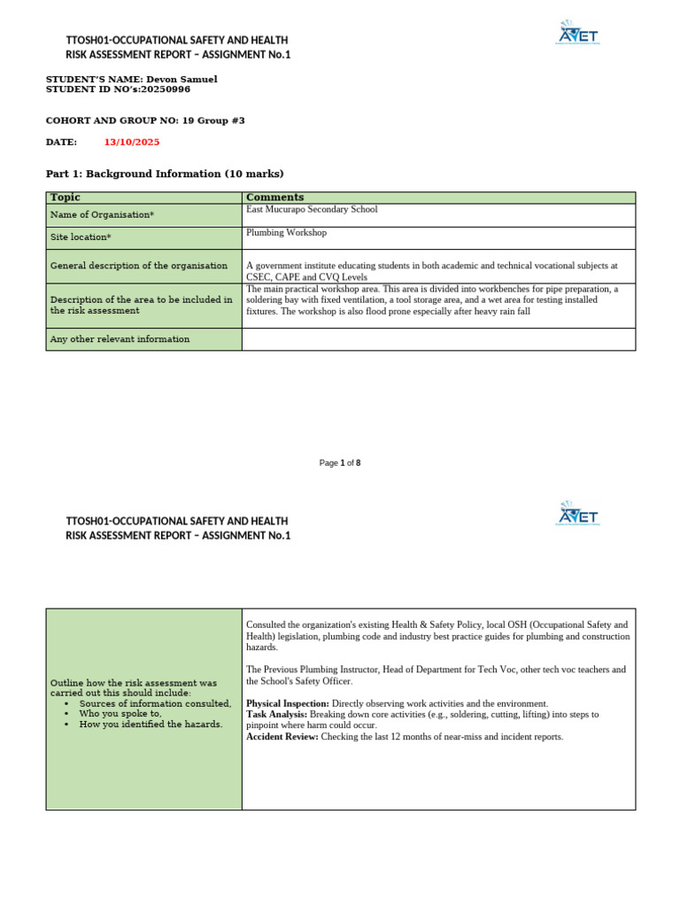 Occupational Safety Risk Assessment Report | PDF | Occupational Safety ...