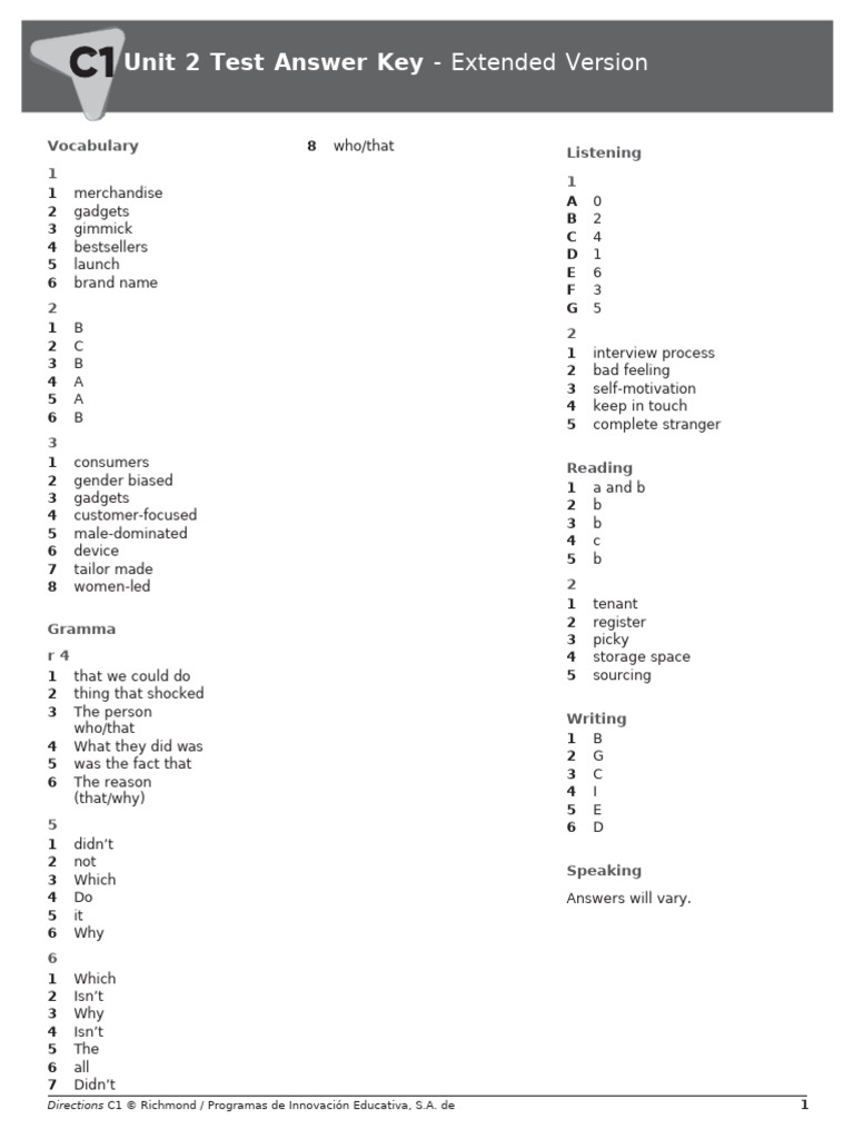 AddRes Directions C1 Ext Ver Test Answer Key U2 | PDF | Tests ...