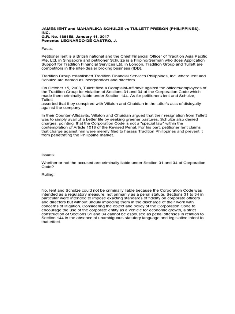Ient & Schulze vs Tullett: Corp Code Ruling | PDF