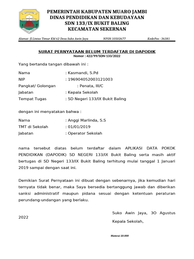 Surat Pernyataan DAPODIK SDN 133/IX | PDF