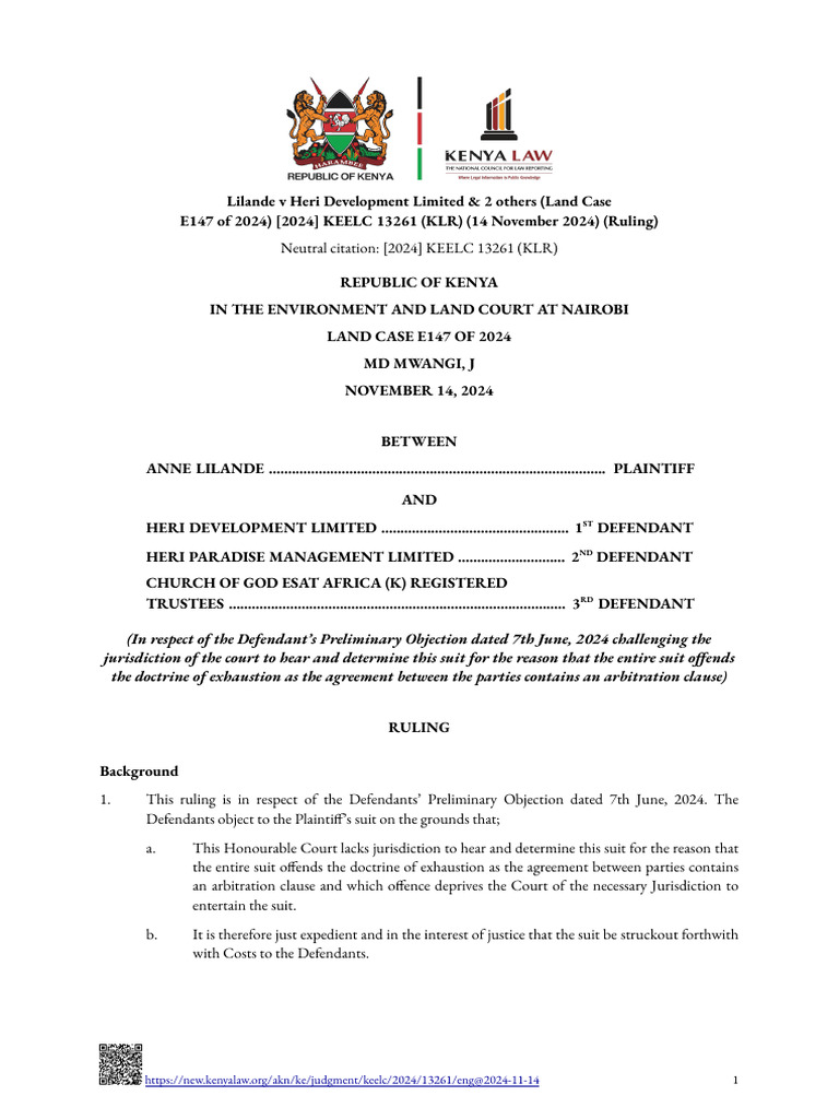 Lilande V Heri Development Limited 2 Others (Land Case E147of2024 ...