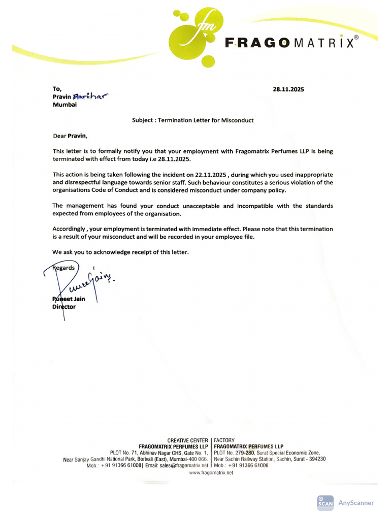 Termination Letter Pravin | PDF