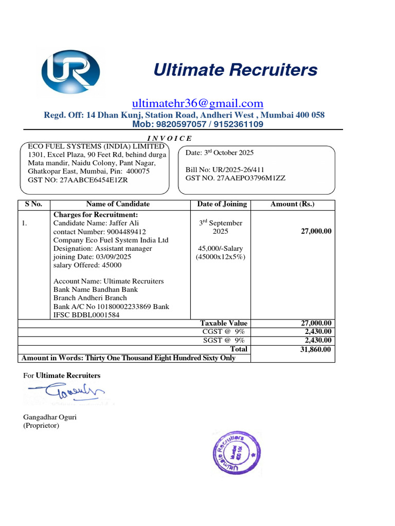 411 Invoice For Eco Fuel For MR Jaffar Ali | PDF