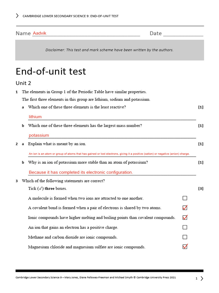 S9 - End-Of-Unit 2 Test (With Answers) | PDF | Ion | Chemical Compounds