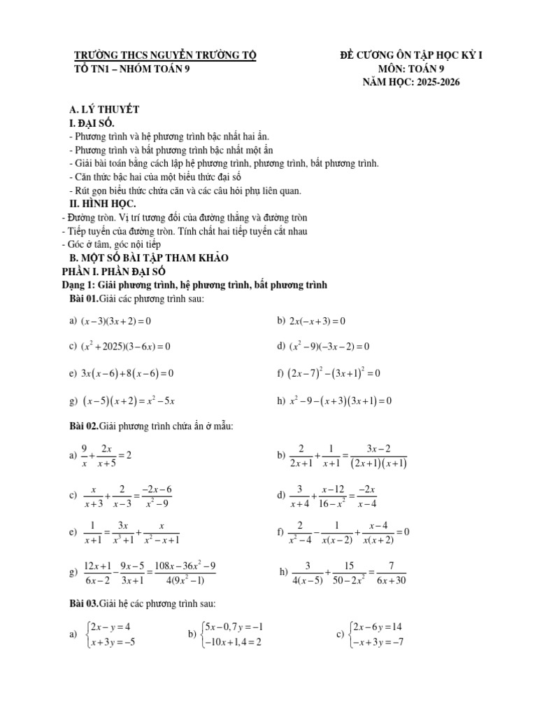 De Cuong HK1 - Toán 9 2025-2026 | PDF